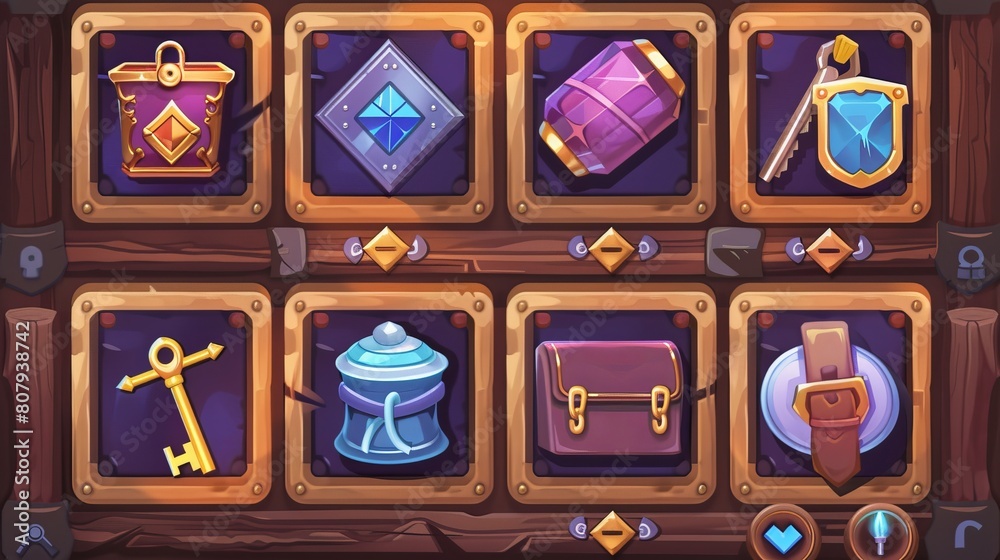 UI interface with wooden button frame for a game shop. Wooden store box ...