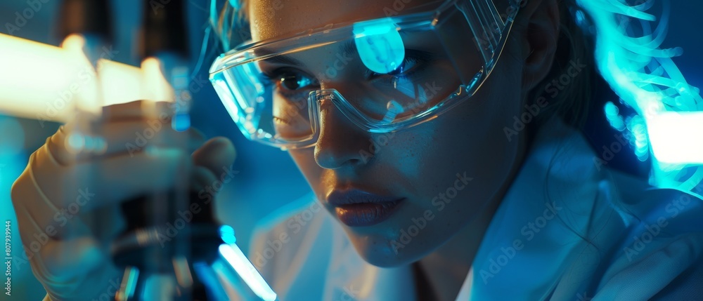 Portrait of a beautiful female scientist in goggles using a ...