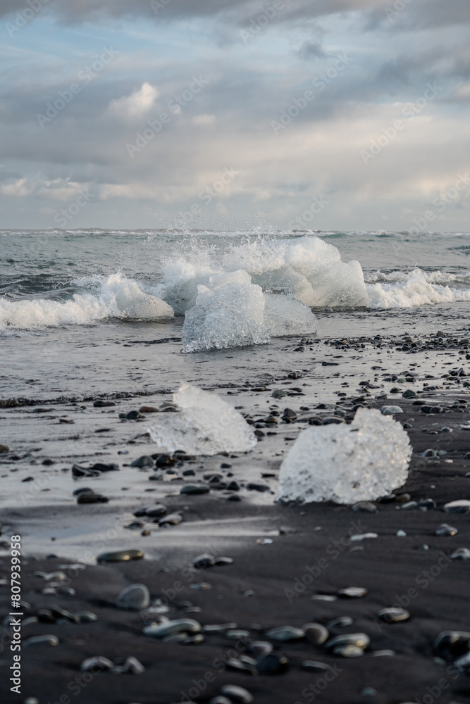 Diamond Beach in Iceland. Black sand beach with iceberg fragments ...