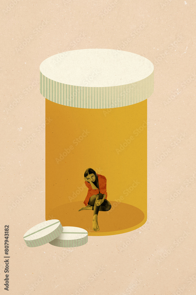 Vertical creative picture collage young sad woman depression pills take ...