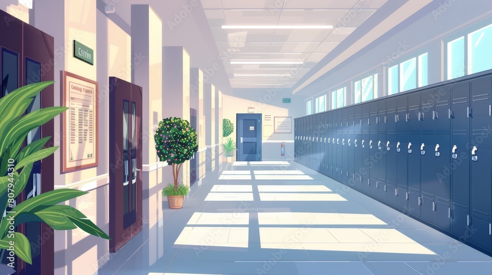 An illustration depicting the modern school hall with lockers. The ...