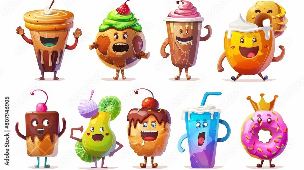 Various retro restaurant mascots with sweet foods, pancakes, chocolate ...