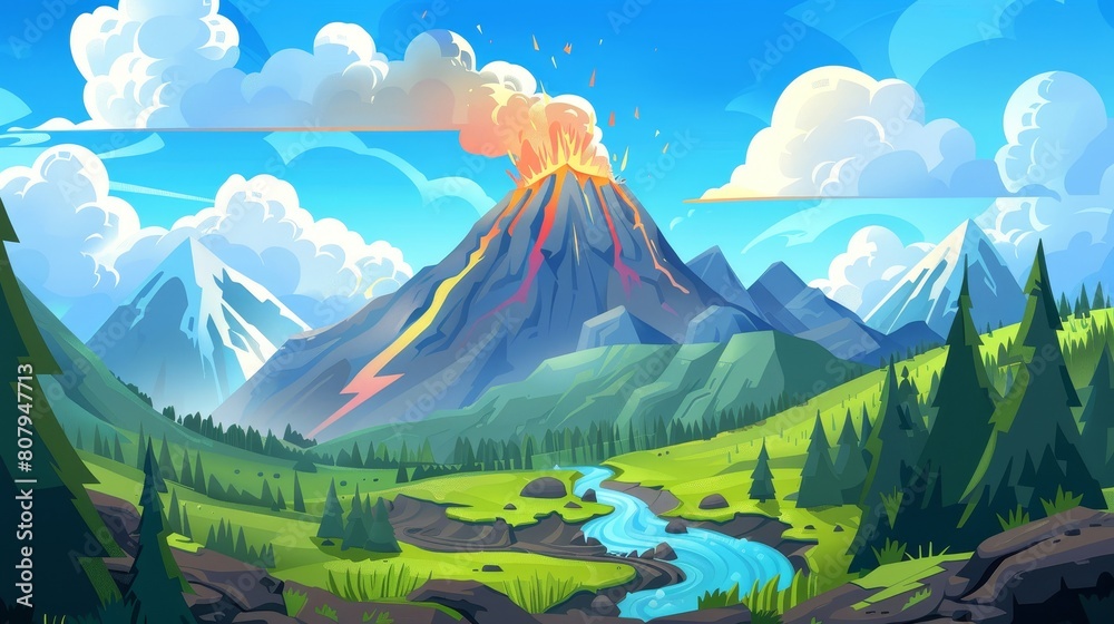 An eruption landscape of a volcano with lava flow, smoke and ash ...