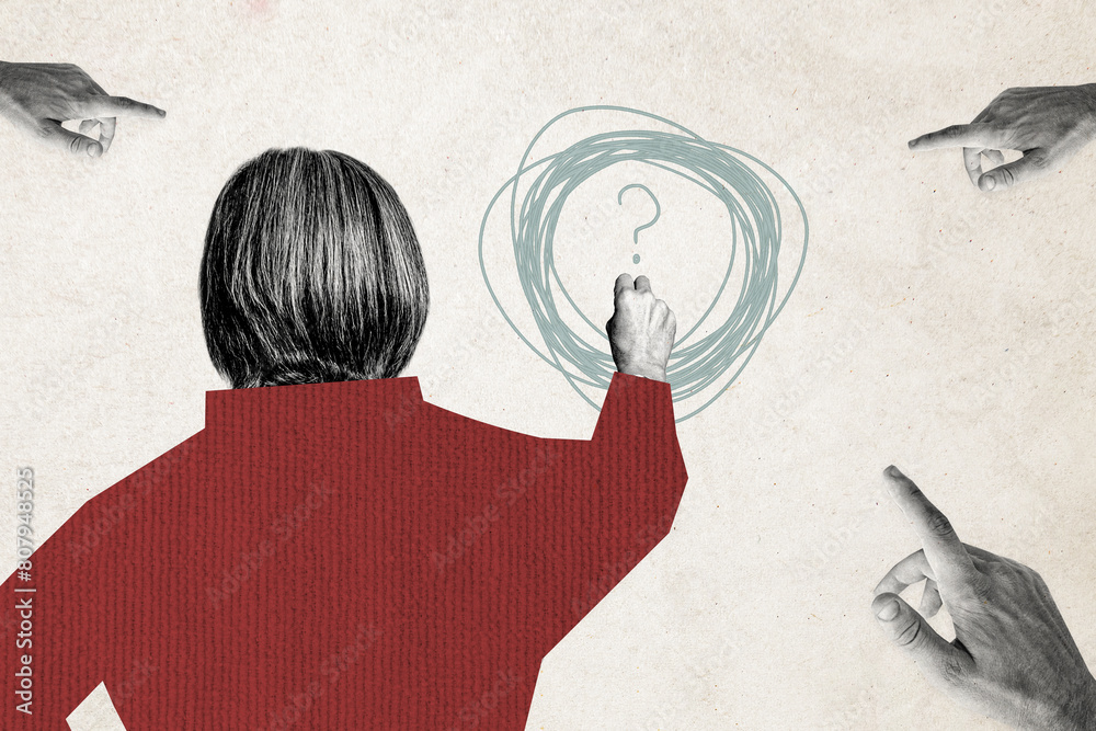 Creative image collage woman drawing doodles question mark dilemma ask ...
