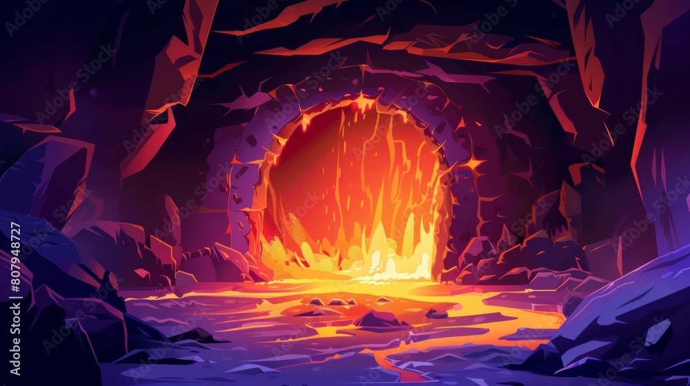 Volcano cave portal background. Magic door entrance to alien world ...