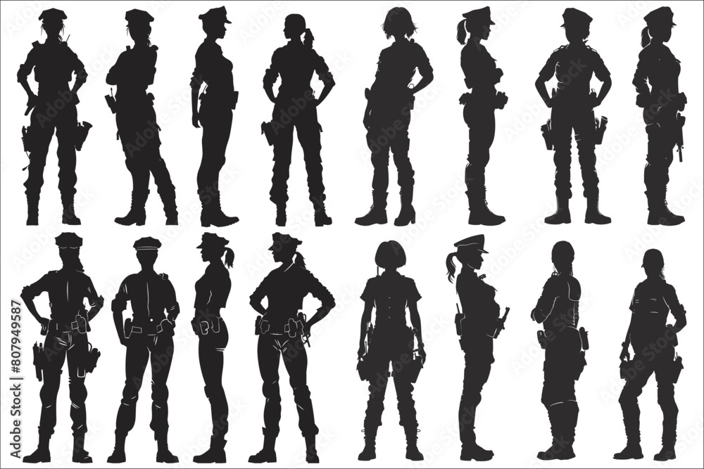 Woman police officer silhouettes, Set of woman police officer, Black ...
