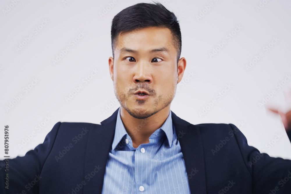 Studio, asian man and silly eyes for comic, funny and crazy expression ...
