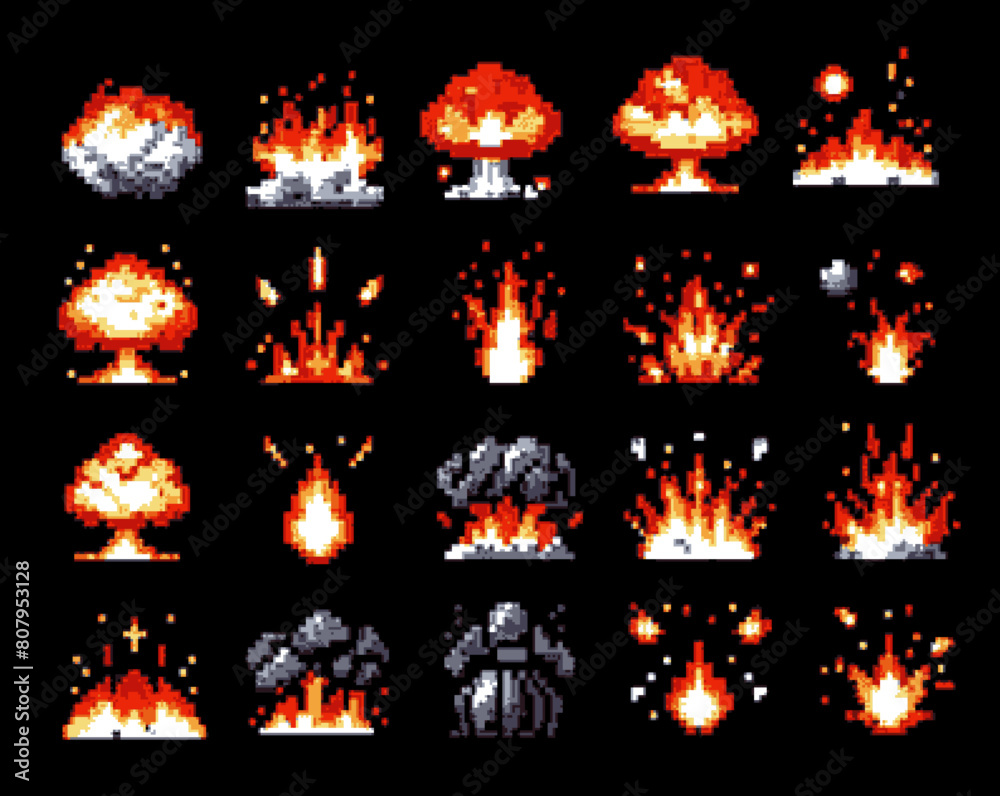 Pixel art 8-bit fire flame explosions. Vector set with cartoon flashes ...