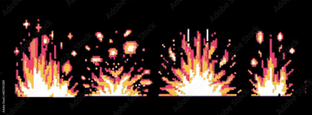 Pixel art 8-bit fire flames, explosion flashes and cartoon sparks set ...