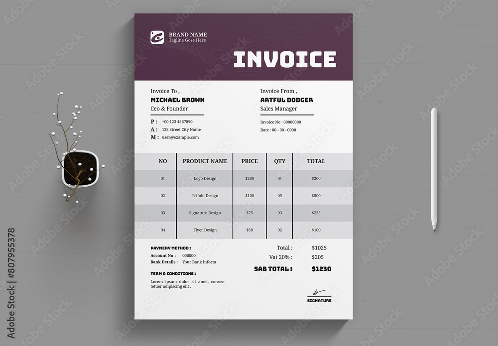 Simple Invoice Layout Stock Template | Adobe Stock