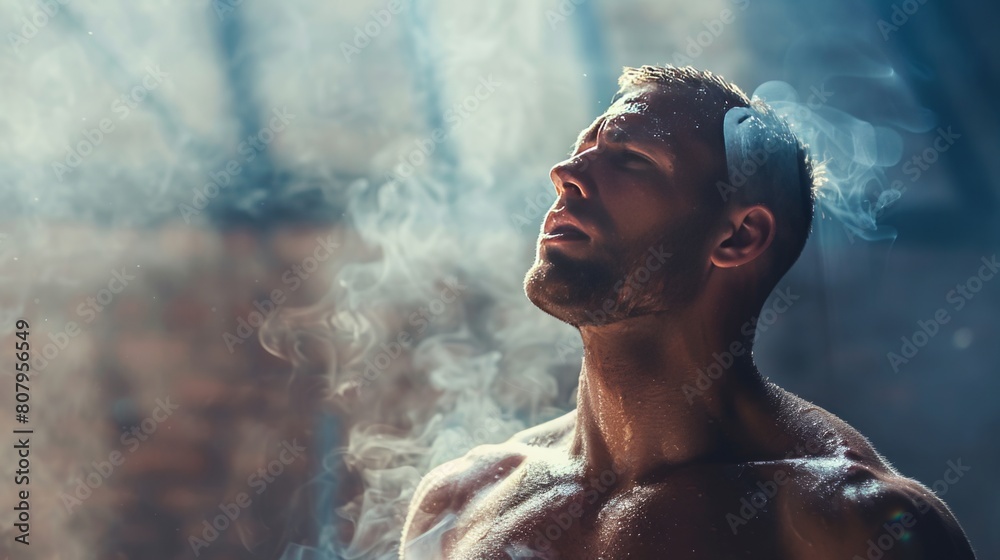 Portrait of a sweaty and muscular man breathing hard on the hard work ...