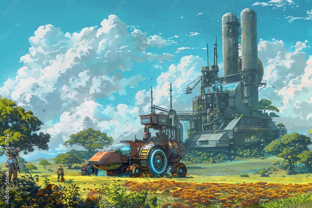 Capture the fusion of futuristic technology and rural life with a ...