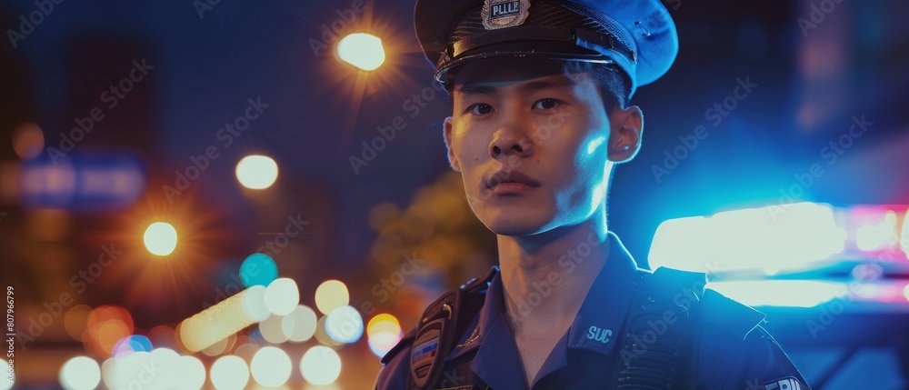 The image is a medium shot of a young Asian male police officer looking ...