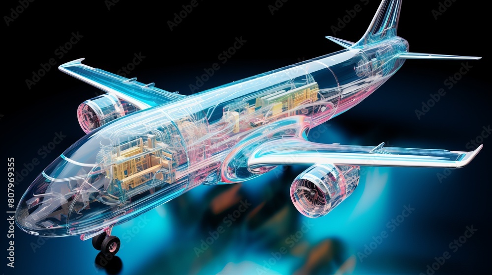 The image shows a transparent airplane with its internal structure ...
