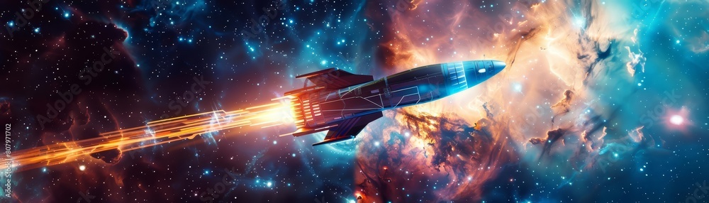 Visualize a dynamic digital spaceship rocketing into the cosmos ...