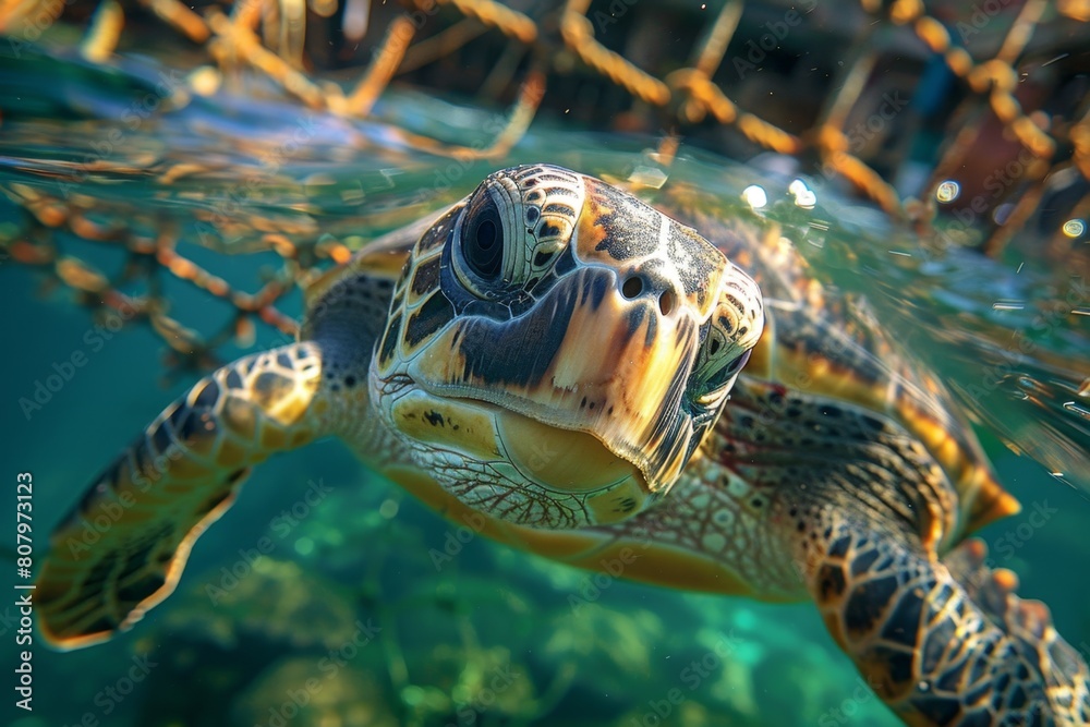 Turtles trapped in fishing nets due to ocean pollution, in sea water ...
