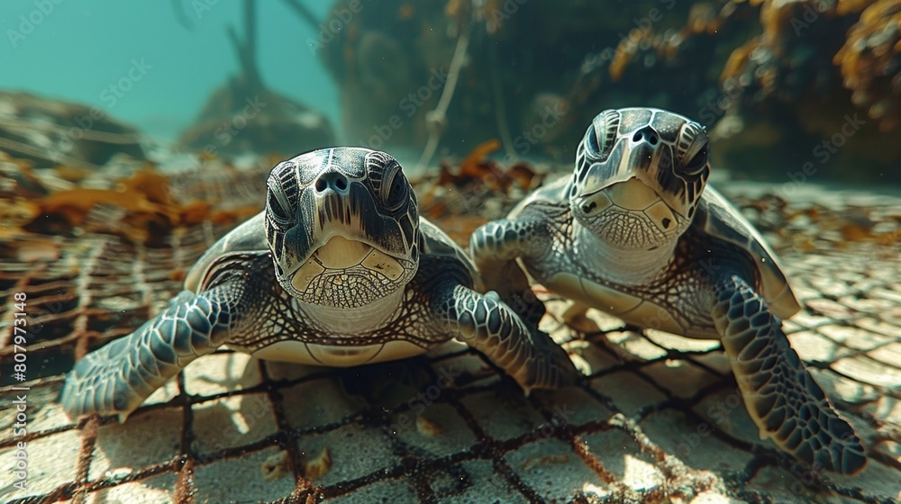 Turtles trapped in fishing nets due to ocean pollution, in sea water ...