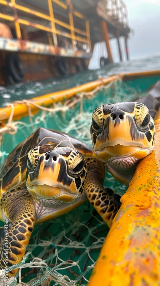 Turtles trapped in fishing nets due to ocean pollution, in sea water ...
