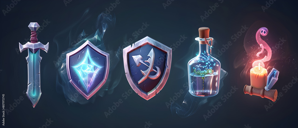 Artistic depiction of fantasy game items including glowing swords ...
