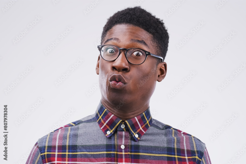 Black man, glasses and portrait in studio for surprise, gossip and pout ...