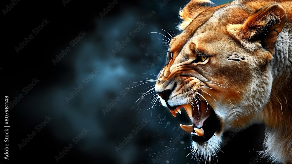 Fierce female lion baring teeth and charging towards foe on dark ...