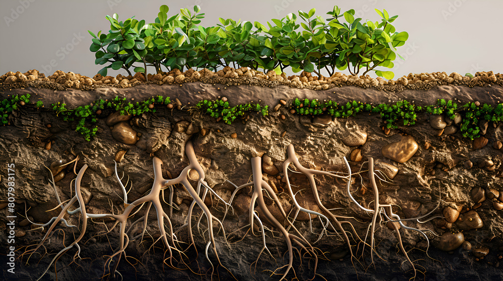 3D Flat Plant Roots Icon with Soil Layers Concept: Illustrating the ...