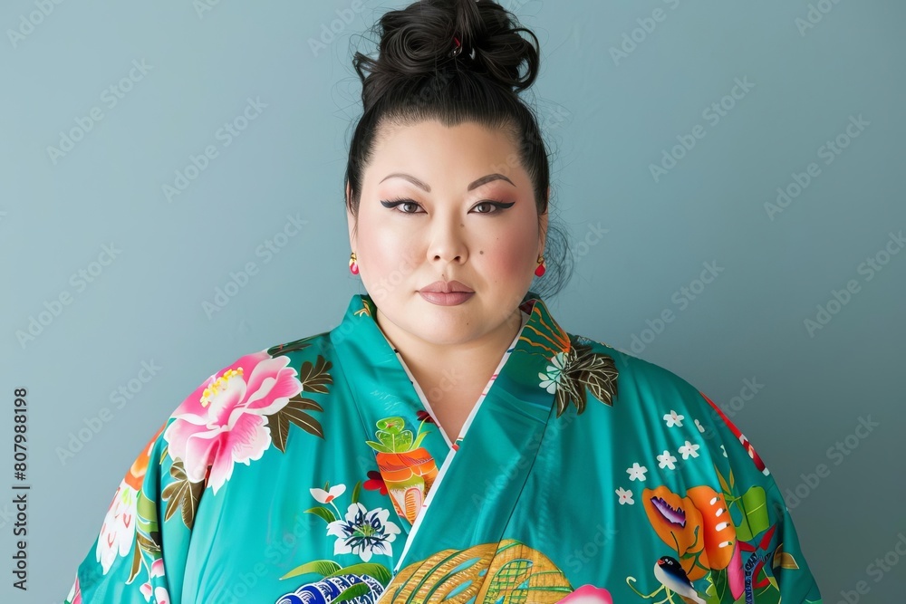 In a studio setting, a plussize Asian woman stands with poise, her ...
