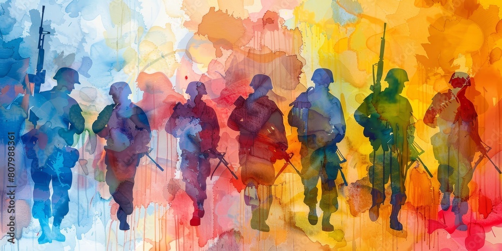A group of soldiers are depicted in a painting with different colored ...