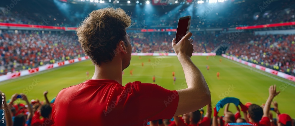 Typical soccer stadium scene: Caucasian man using smartphone, cheering ...