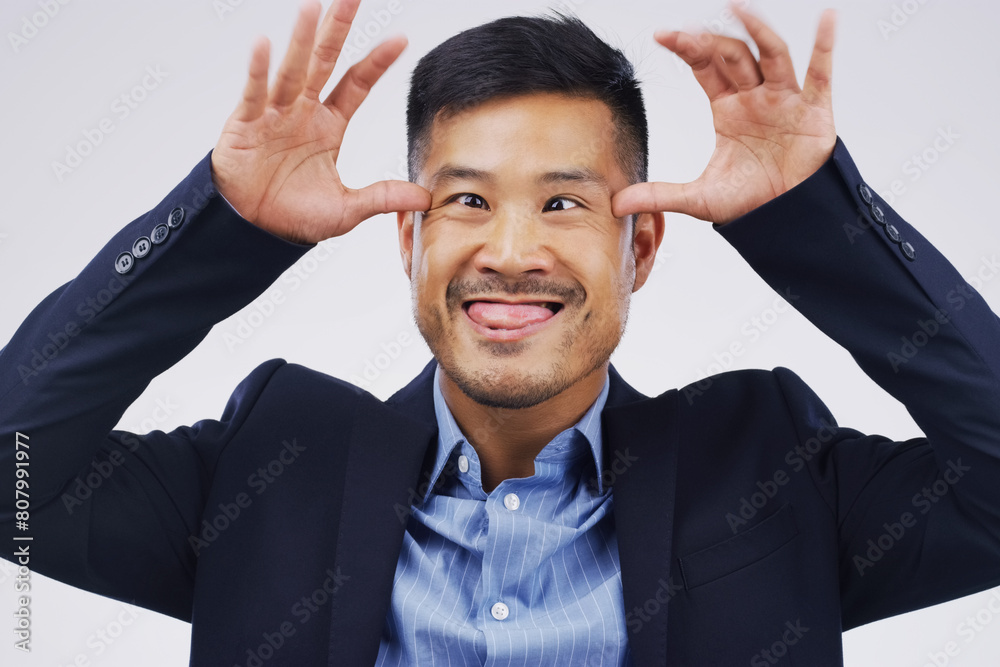 Studio, asian man and hand gesture for comic, funny for crazy ...