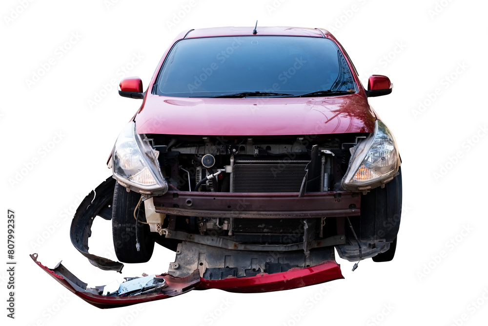Car crash,Front view of red car get damaged by accident on the road ...