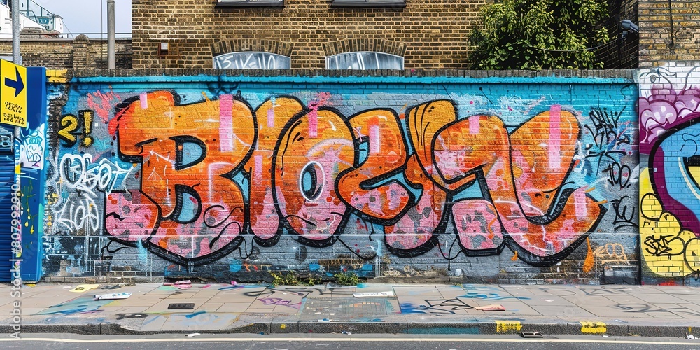 graffiti wall at street side, foot path with grungy rebel artwork ...