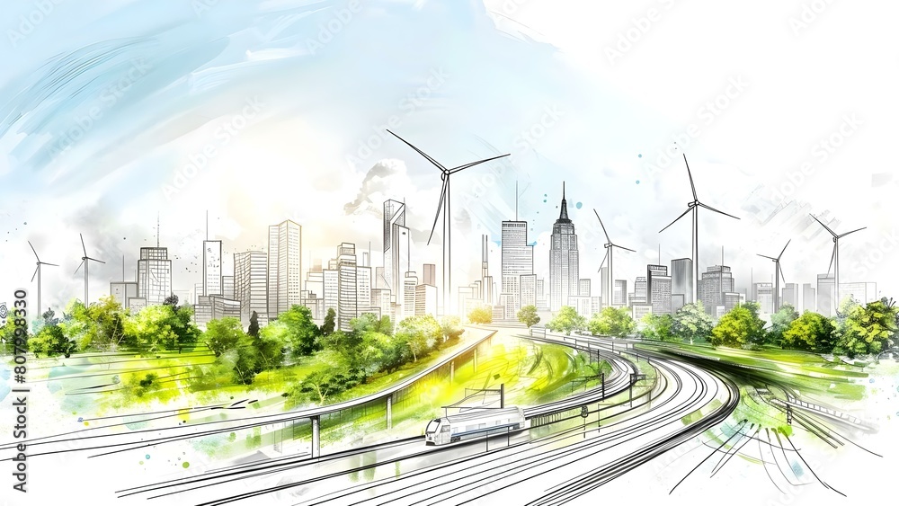 Future eco city layout design with highspeed rail wind farms solar ...