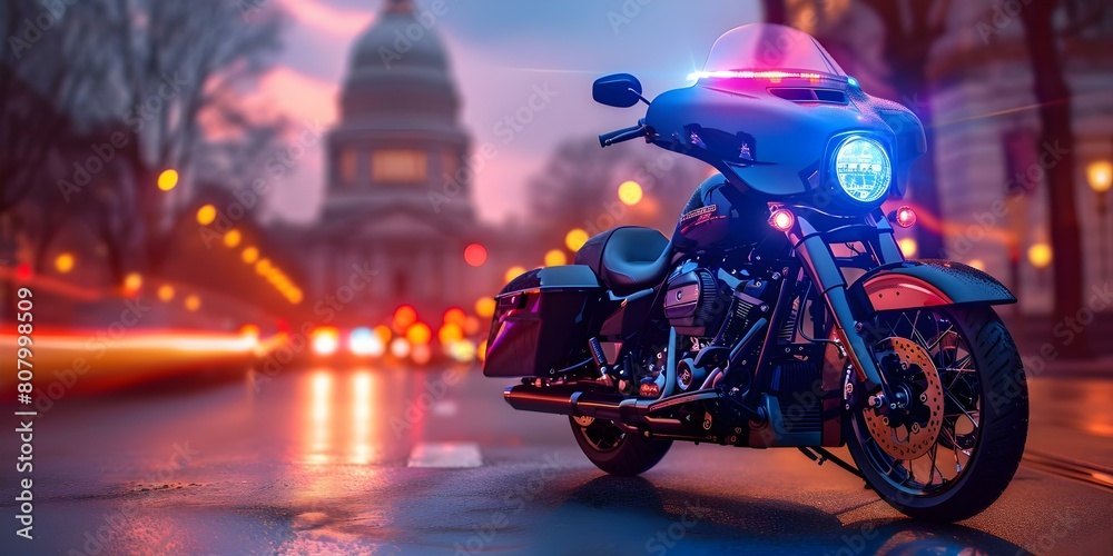 Sleek police motorcycle in front of iconic city landmark exuding urban ...