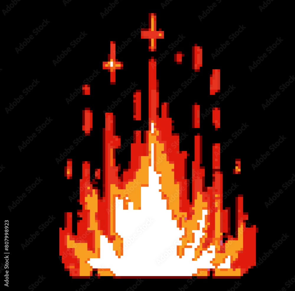 Pixel art of a burning flame on a dark background. Game element in 8-bit style. Stock Vector ...