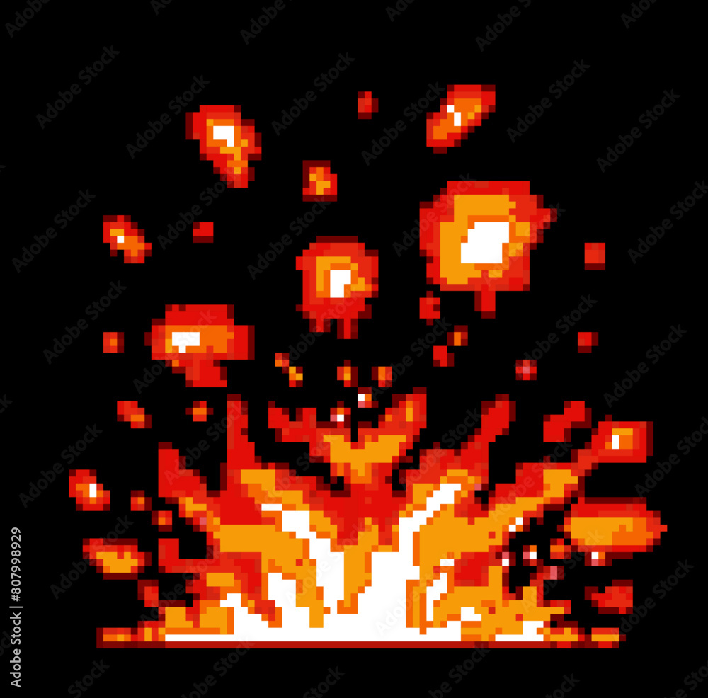 Pixelated image of burning and exploding flames on a dark background ...