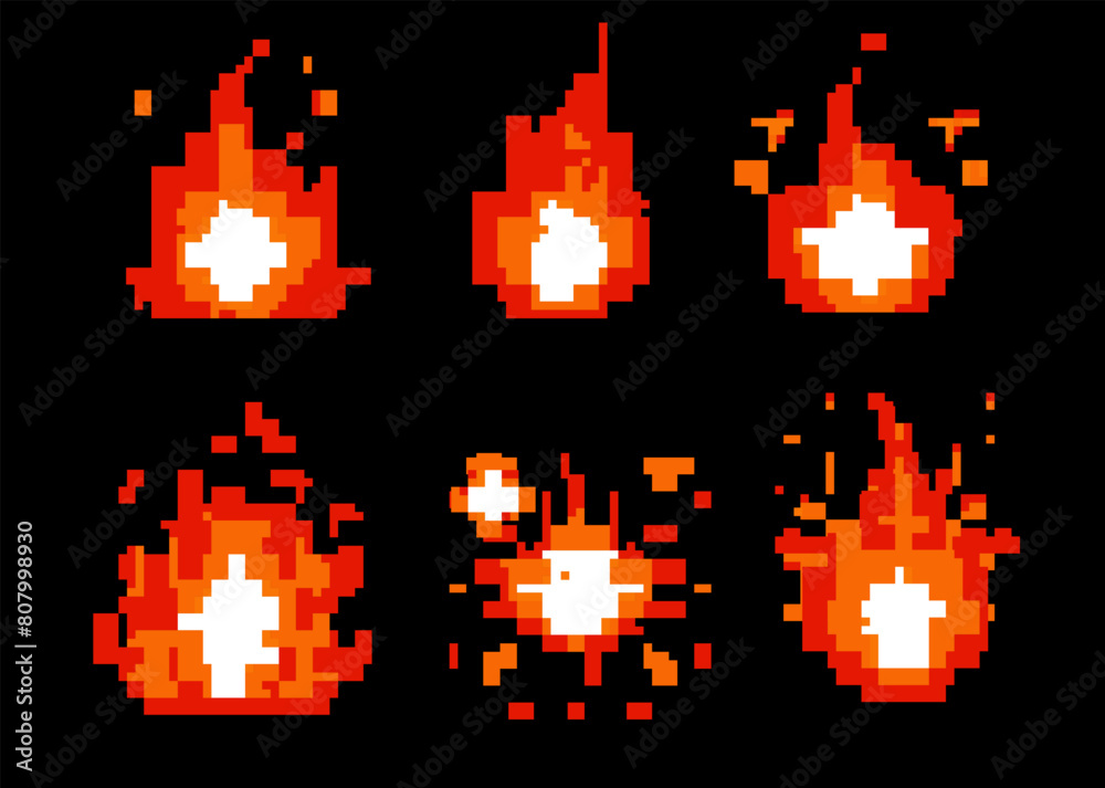 Pixel art 8-bit fire flames, explosion flashes and cartoon sparks set ...