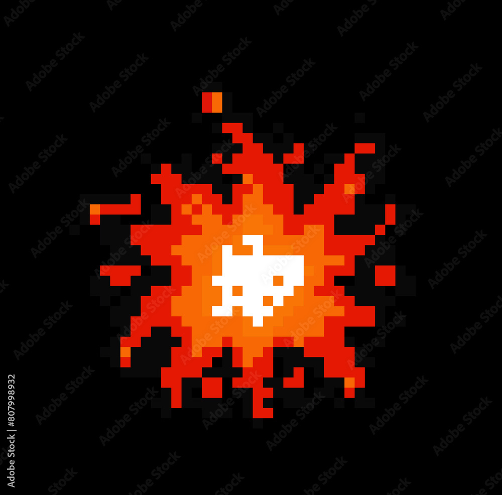 Pixel art with explosion effect on dark background. Element of 8-bit ...