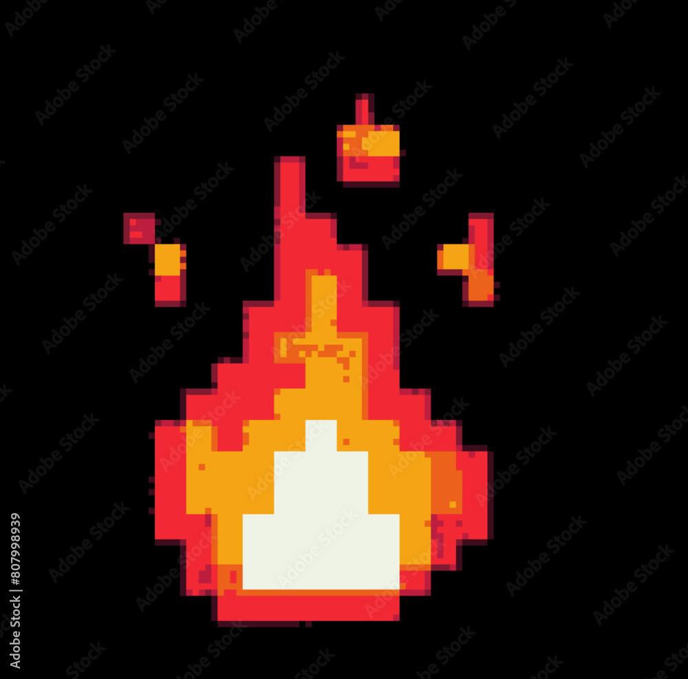 Pixel art of a burning flame on a dark background. Game element in 8 ...