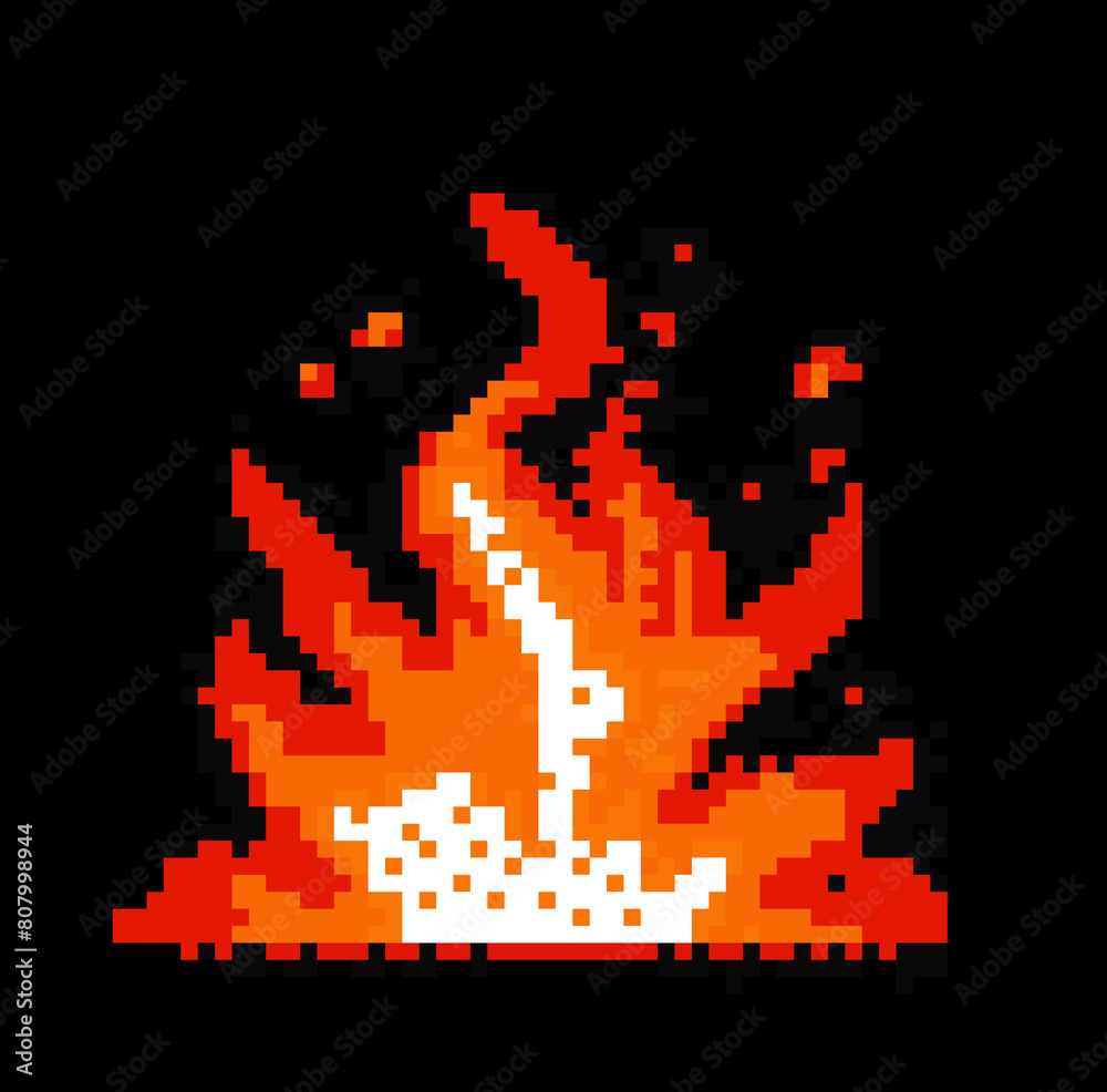 Pixel art of a burning flame on a dark background. Game element in 8 ...