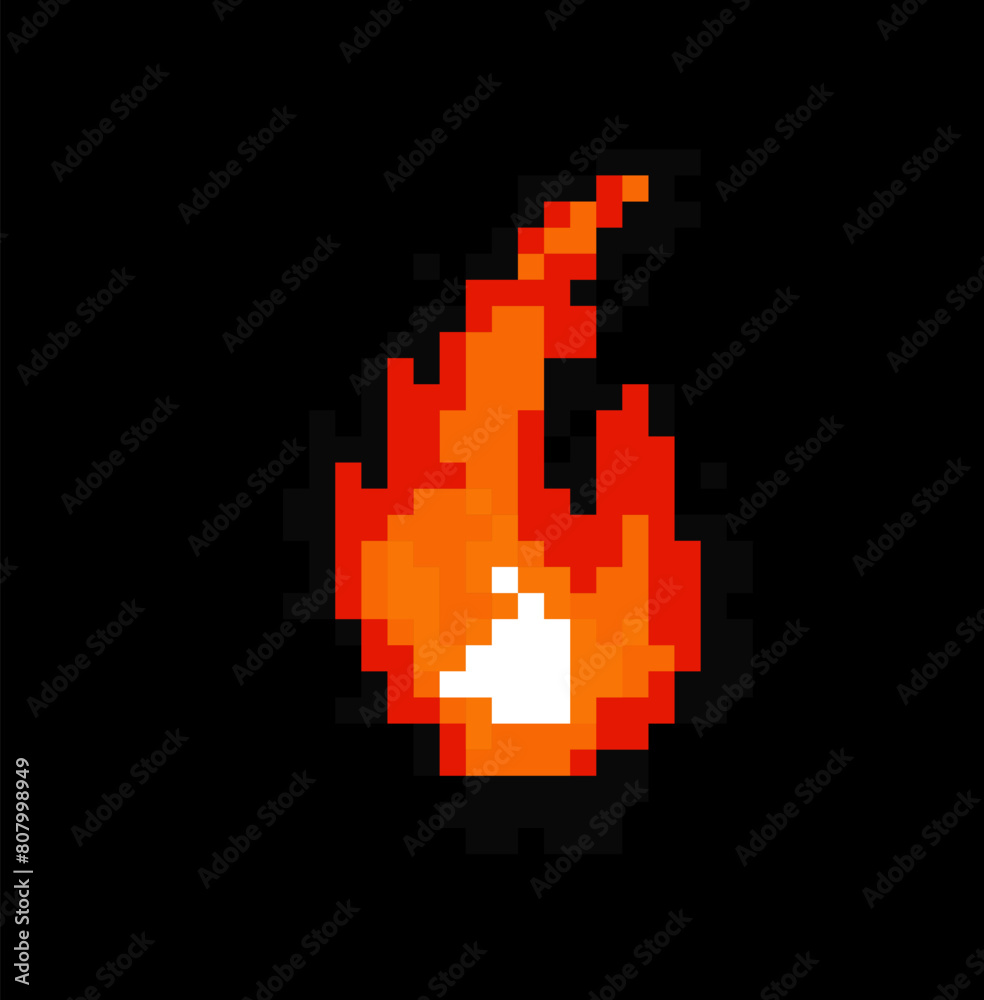 Vecteur Stock Pixel art of a burning flame on a dark background. Game element in 8-bit style ...