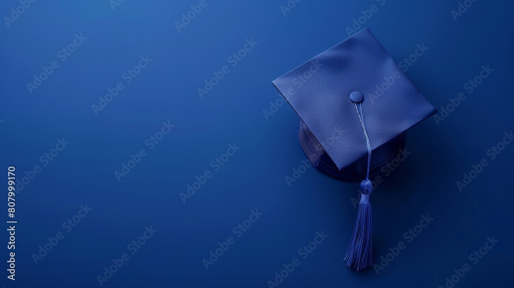 Minimalistic image of a graduation cap placed on smooth deep blue ...