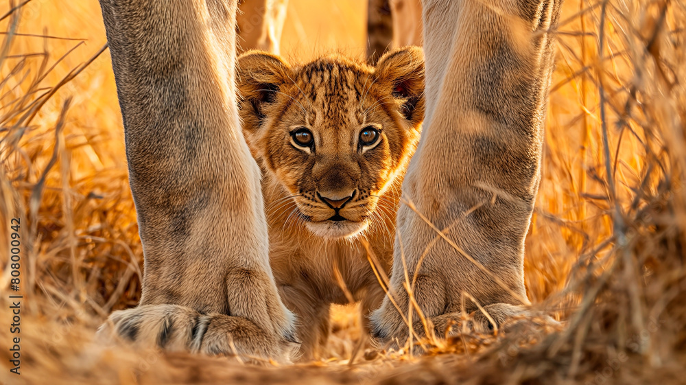 Lion cub between its mother legs. Concept of adorable baby animal with ...