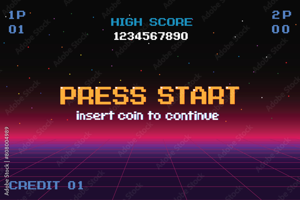 PRESS START INSERT A COIN TO CONTINUE .pixel art .8 bit game. retro ...