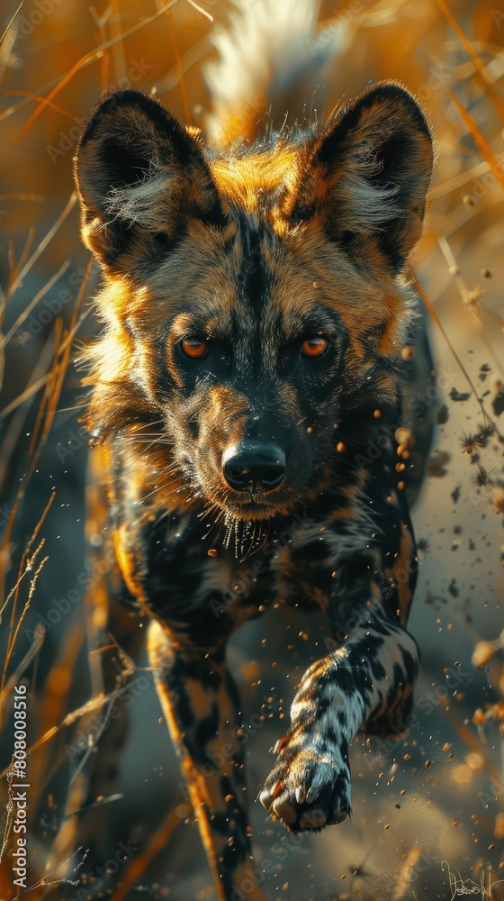 African wild dogs hunting, dynamic chase, dust and action. Stock Photo ...