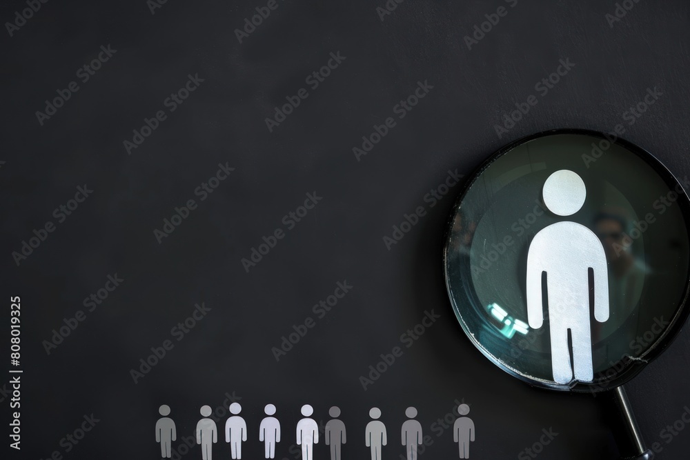 a visual concept of recruitment with a magnifying glass seeking people ...