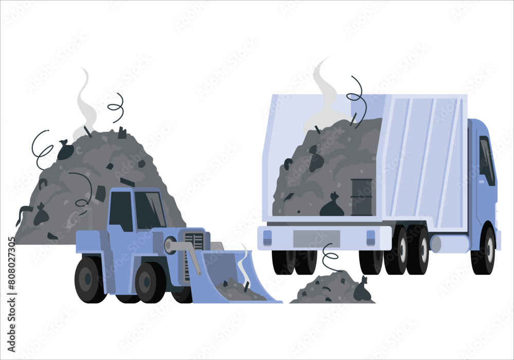 Landfill landscape with trash piles, bulldozer and garbage truck ...