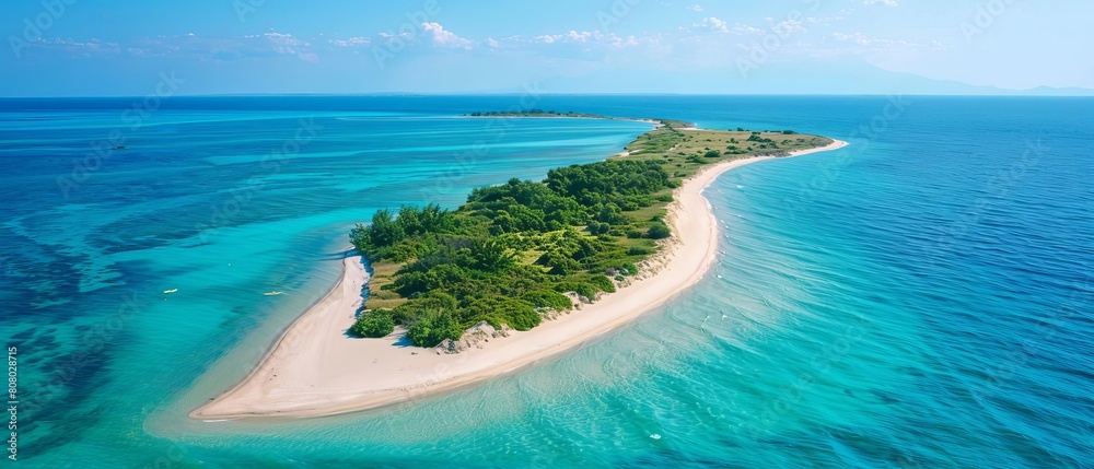 A wide aerial of a sandy spit in the sea, turquoise waters on either ...