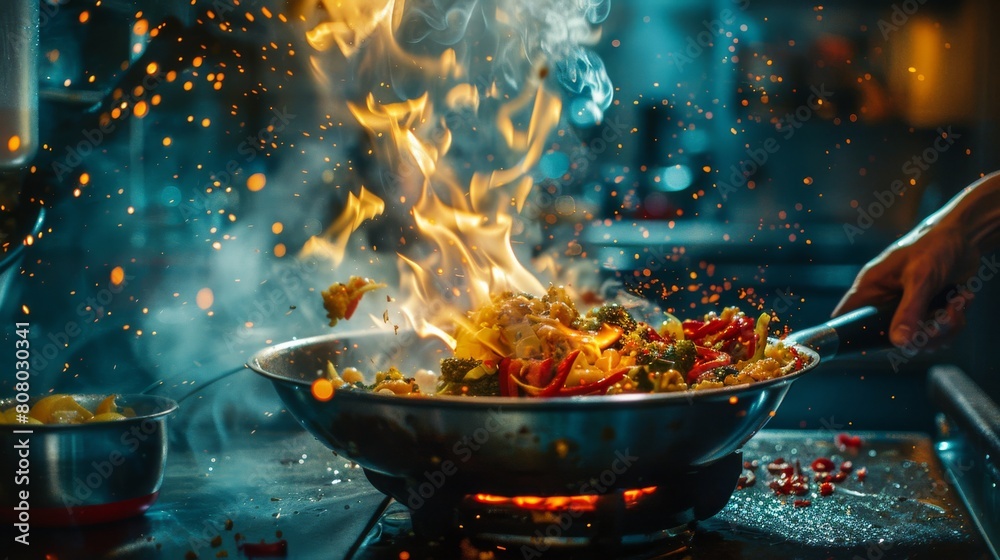 Sizzling stir-fry with vibrant vegetables creating a fiery display in a ...