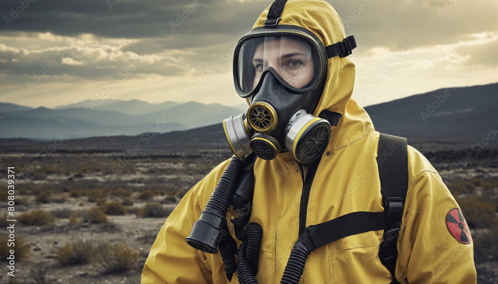Survivor in a yellow hazmat suit and gas mask explores post-apocalyptic ...